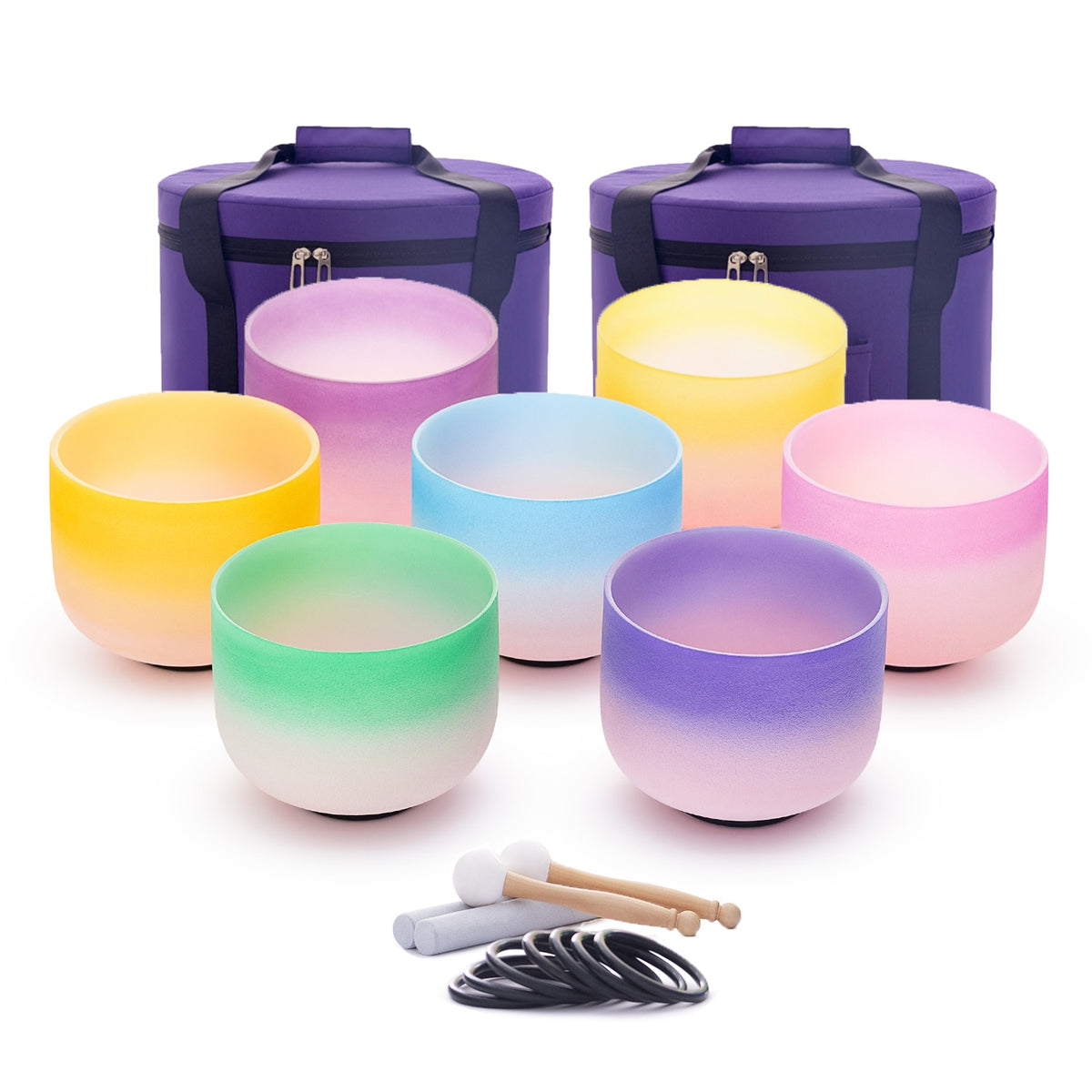 7-12 Inch Pastel Gradient Set of 7 Crystal Singing Bowls + FREE Carryi